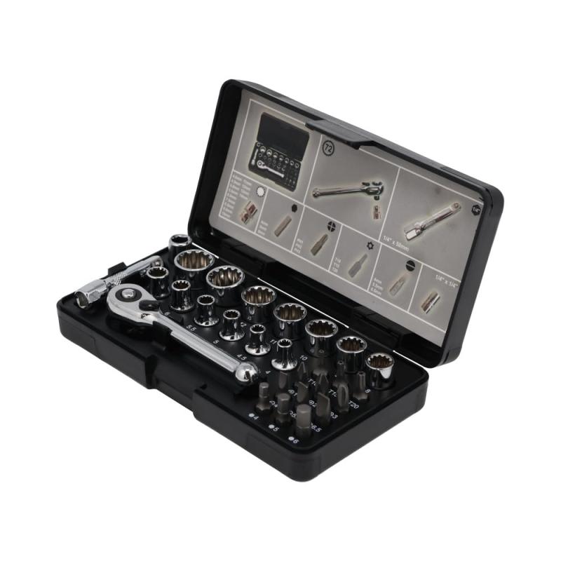 SIGNET(シグネット) 1/4ドライブ スプラインソケット&amp;ビットセット 28PC 22038●スプラインタイプソケットは6角、12角、スクエア、スプライン、ヘクスローブ及びなめたボルト等、様々なボルトに使用できます