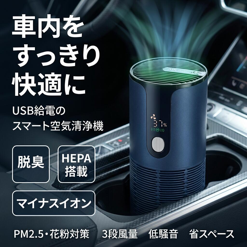 商品名：車載空気清浄機サイズ：70*70*163mm素材：ABS+金属電源：DC5V1A適応面積：10m2電池容量：1200mAh定格出力：1W重量：215Gカラー：ブラック/ホワイト/ネイビーセット内容：本体*1、USB充電ケーブル*1、...