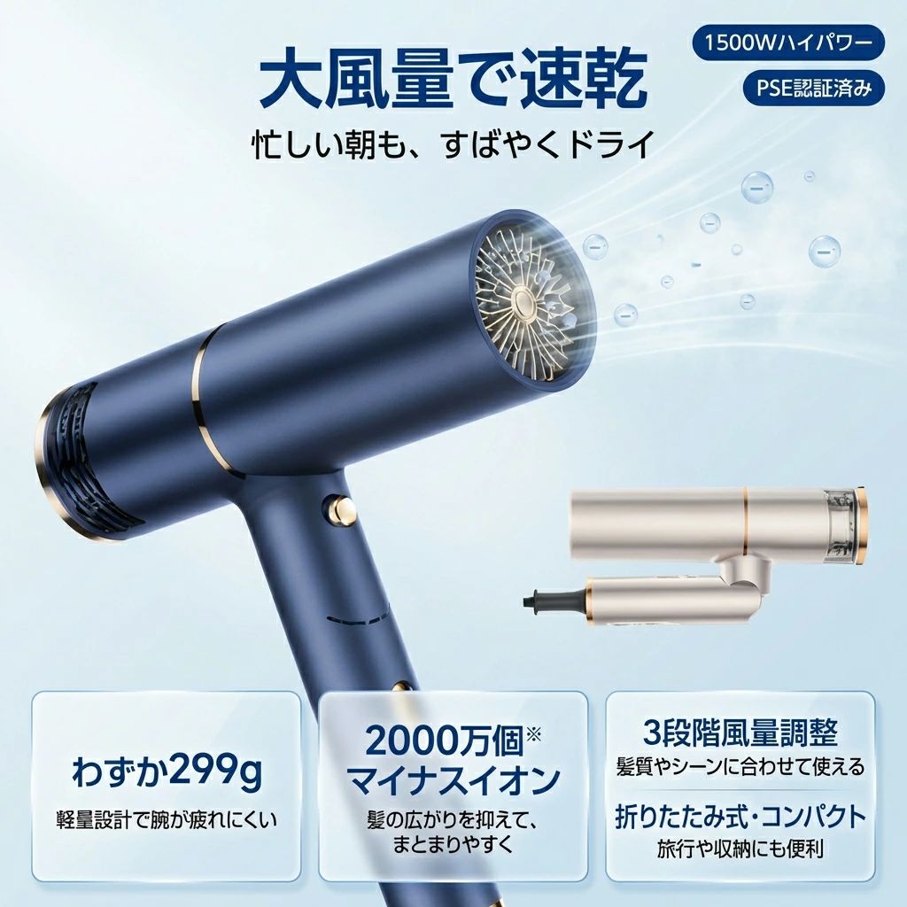 強力1500Wモーター内蔵されますCicaden 多機能ドライヤーは強力1500Wモーターを採用し、高速で安定した気流を発生させて数分間で根元から髪を乾かします。忙しい時、早く長い髪を乾かしたい方に最適なドライヤーです。三段階調整モードを調...