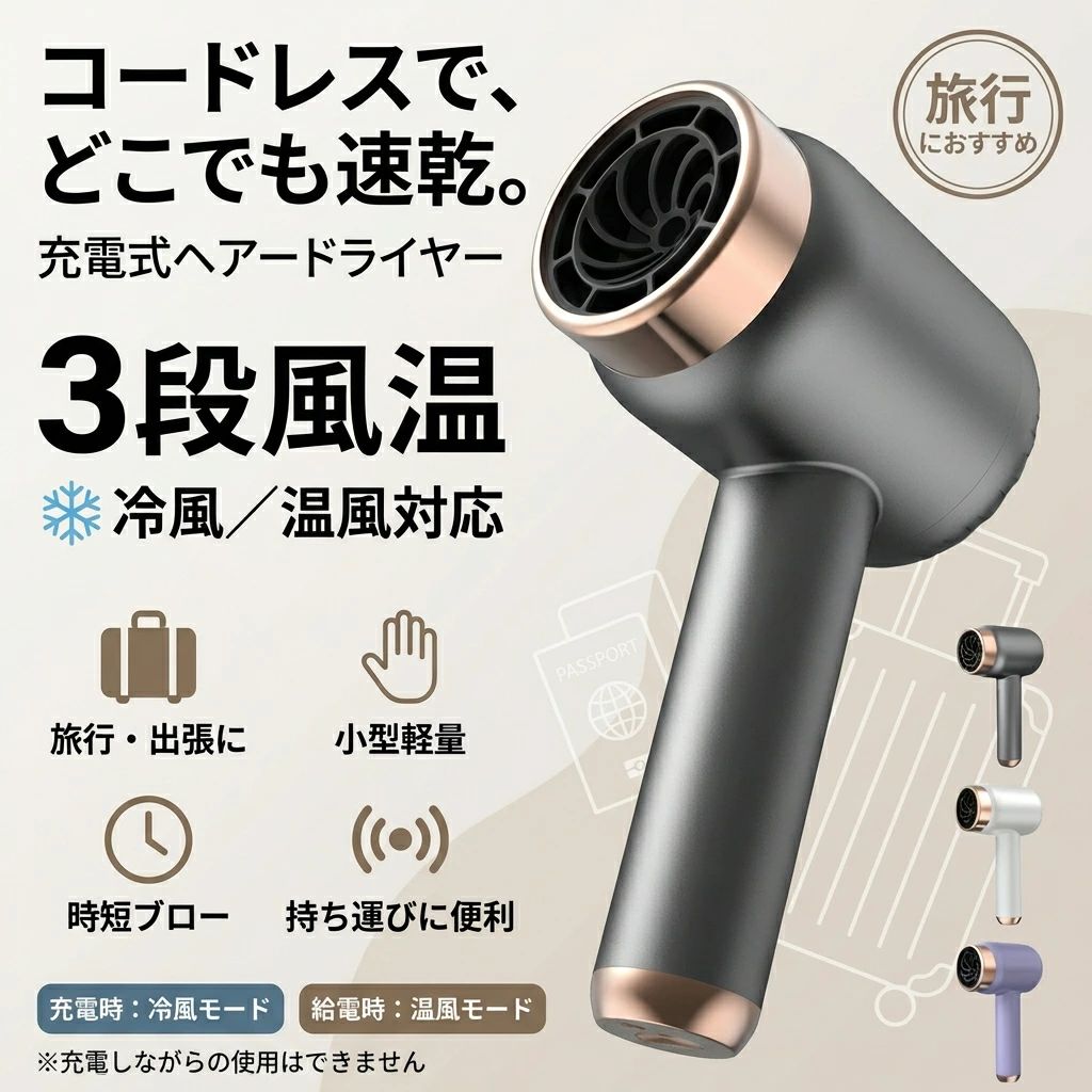 商品名：ヘアドライヤー冷風パワー：10W/3.7V熱風パワー：1000W電池容量：1500mAh風量：3段（第一段：冷風（充電モードで使用のみ）、第二、三段：熱風（プラグインモードで使用のみ））原産地：中国注意事項・ラッピング対応は行ってお...