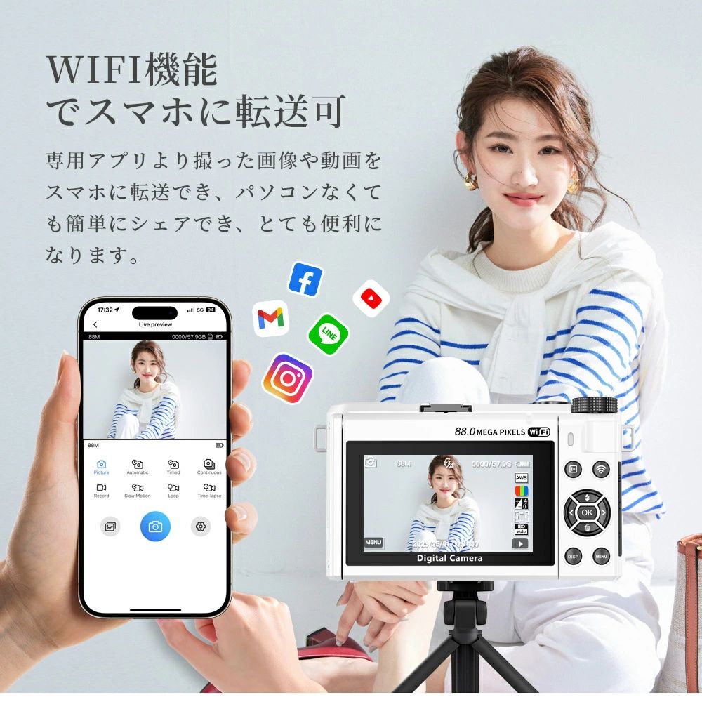 基本仕様 ◇サイズ:130×73.4×55.3mm ◇モニター:3.0インチIPS ◇デジタルズーム:18×デジタルズーム 商品説明 【WIFI転送機能】今まで少ない本体にWIFI機能を搭載されておるコンパクトデジタルカメラです。撮影画像の...