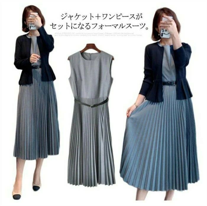 ジャケット＋ワンピースがセットになるフォーマルスーツ。さらりと羽織れるカラーレスジャケット。ジャケットの裾部分には、贅沢な印象のタックプリーツをあしらいました。ワンピースはスタイルアップして見えるAラインのシルエット。細かいプリーツと高め位...