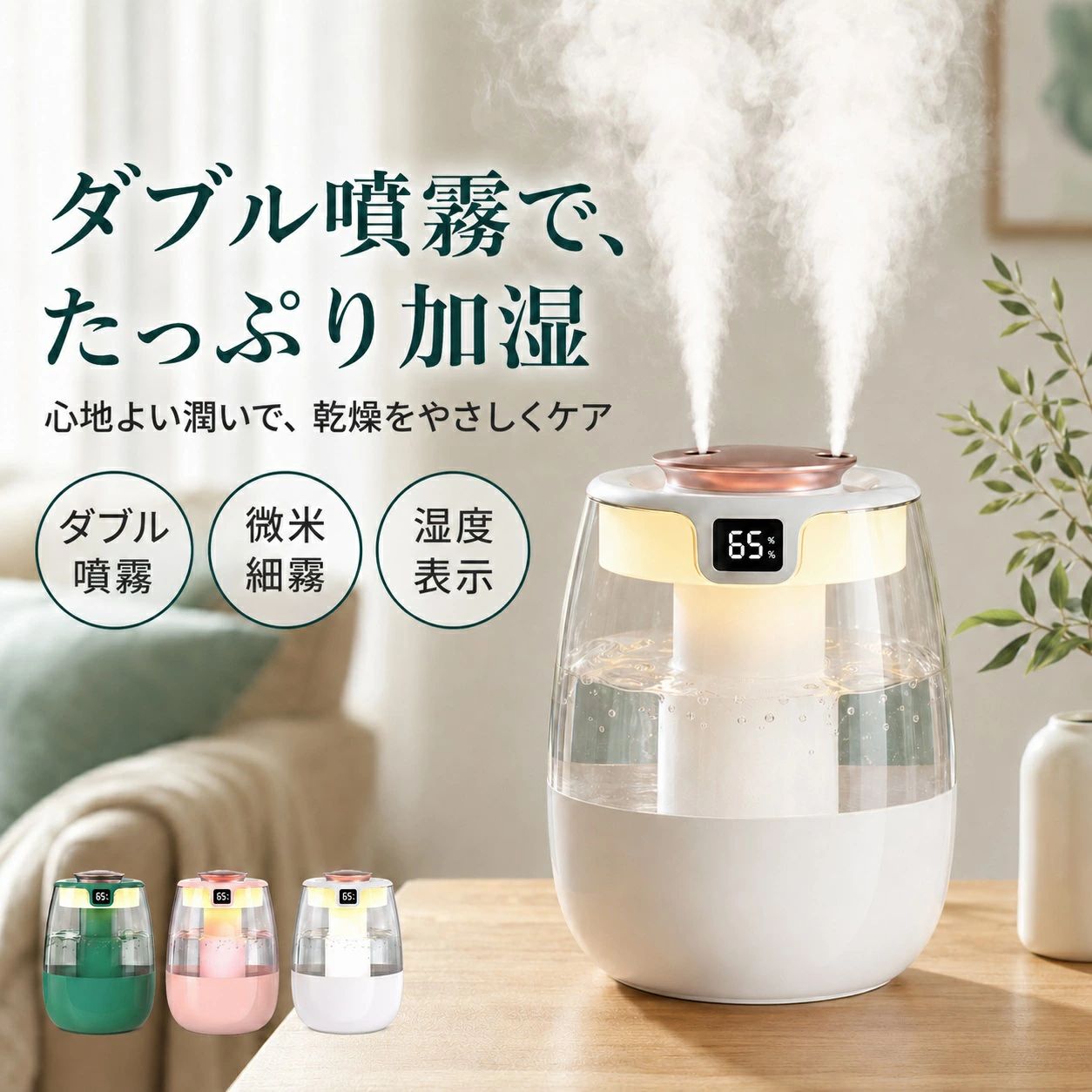 商品情報ミスト噴出口数 2箇所機能 内蔵バッテリー電源方式 USB定格出力 5（W）適用面積 60平方メートル以上加湿器 卓上 小型 超音波式 ダブル噴霧 大容量 アロマ対応 大霧量 ナノ微細ミスト 卓上型加湿器 強力 ミスト 省エネ 軽量...