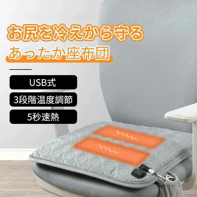 商品仕様表地：ベルベット生地消費電力：10W待機電力：0.5W電源：5V/2A発熱温度：3段階(65°C、55°C、45°C)カラ一 : プラック/グレ一/プラウンサイズ：45cm*45cm*3.5cm重量：300g持ち運べるヒートクッショ...