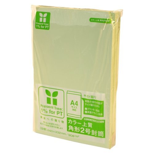 商品仕様●和風の色使いが印象的なカラー封筒。●サイド貼りは、貼り位置が端にあり、宛名を書くとき邪魔になりません。●規格：角2●サイズ：縦332×横240mm●紙厚：90g／m2●材質：色上質●仕様：サイド貼り本体色ワカクサJANコード497...
