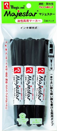 寺西化学工業株式会社お客様窓口（06）6185-1188商品仕様マジェスター黒の3本パック筆記線幅：太2.5×6mm、細1〜2mm。替えペン先有。インキ補充(T1、T2、T3のみ可)●材質：軸：PP　キャップ：PP　ペン先：ポリエステル●原...
