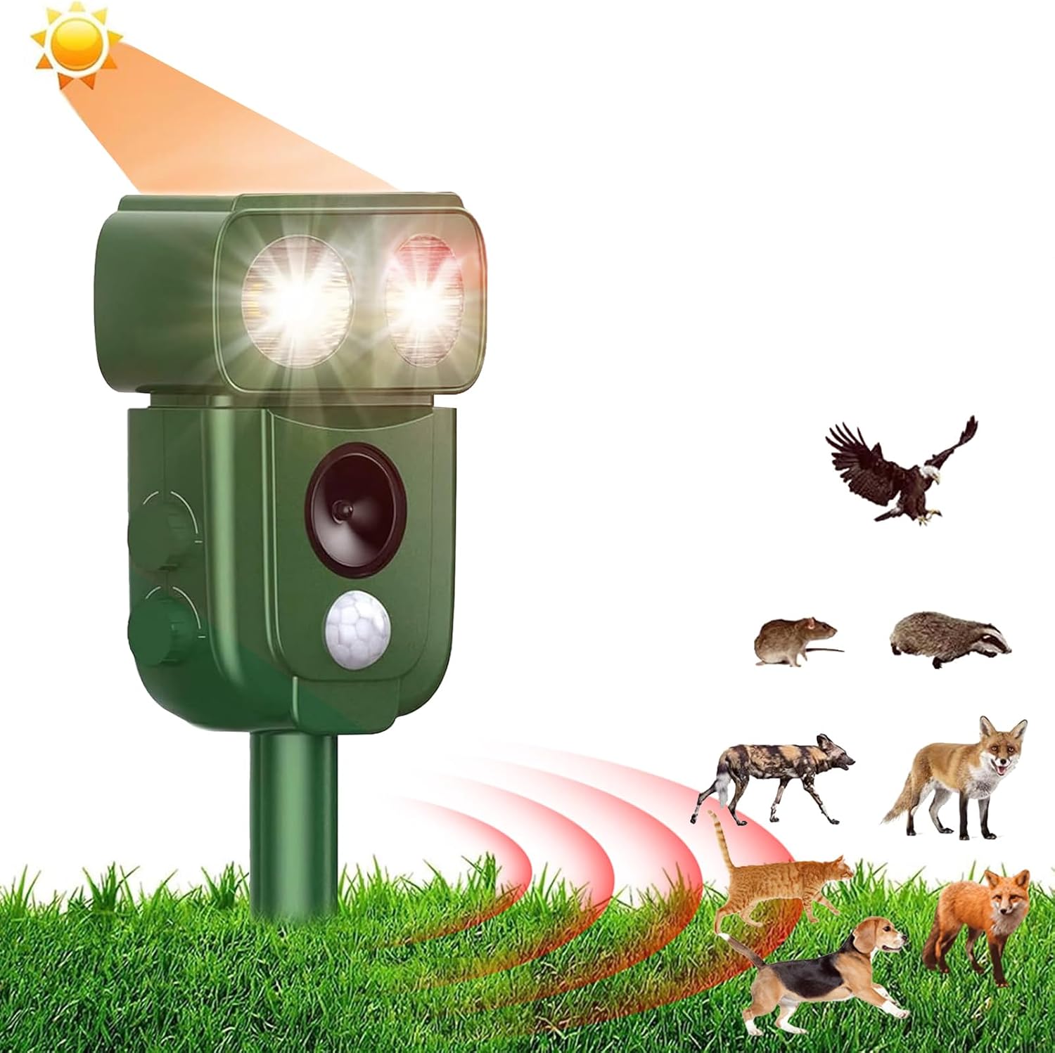 商品情報【自動感知＆害獣対策器】赤外線自動感知で害獣などを感知。感知すると超音波スピーカーで、動物が嫌がる超音波を発生。動物は機械に慣れるという特性がありますが、当製品は揺らぎのある超音波で、厄介な動物慣れを防ぎます。最新進化版の動物撃退器...