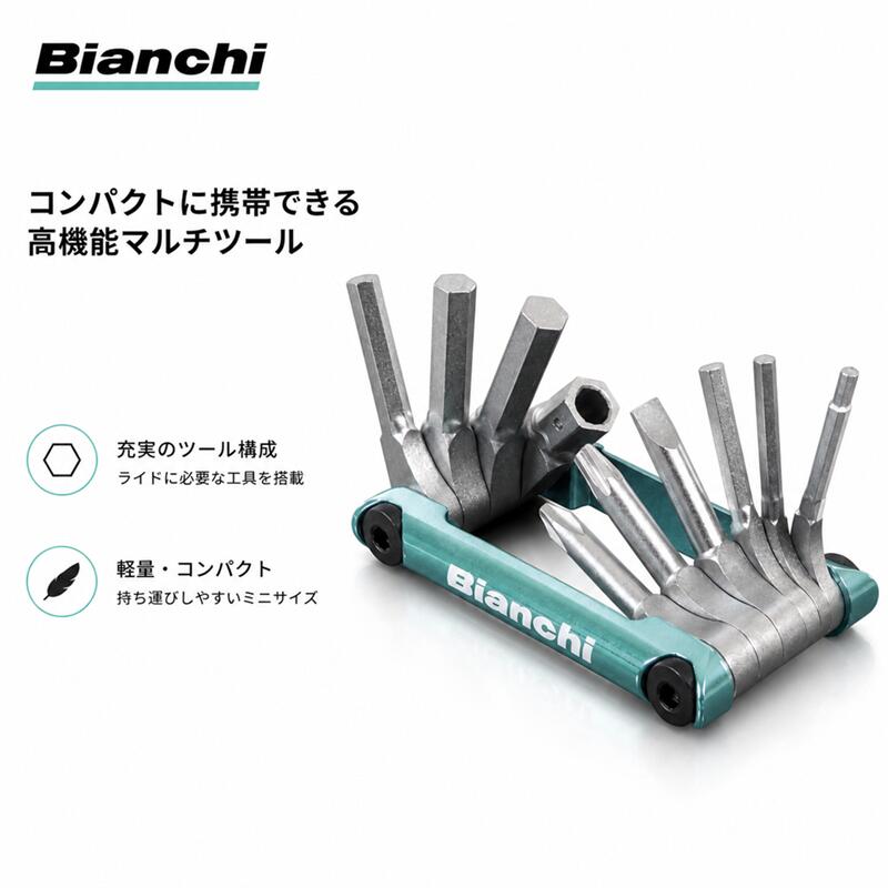 Bianchi Multi Tool コンパクトに持ち運べる、 ビアンキ純正10機能ミニツール。 ライド中のトラブルに対応できる、 携帯性と実用性を両立した マルチツールです。 10 Functions 六角レンチ・トルクス・ドライバーを搭...