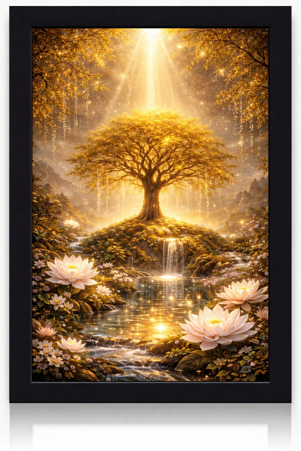 【作品について】 神聖な光に包まれた黄金の樹と、静かに咲く蓮の花をモチーフにした 幻想的なヒーリング・スピリチュアルアートです。 黄金の樹は 「繁栄・金運・成長・安定」 蓮の花は 「浄化・再生・心の平穏」 の象徴とされ、空間にやさしく穏やか...