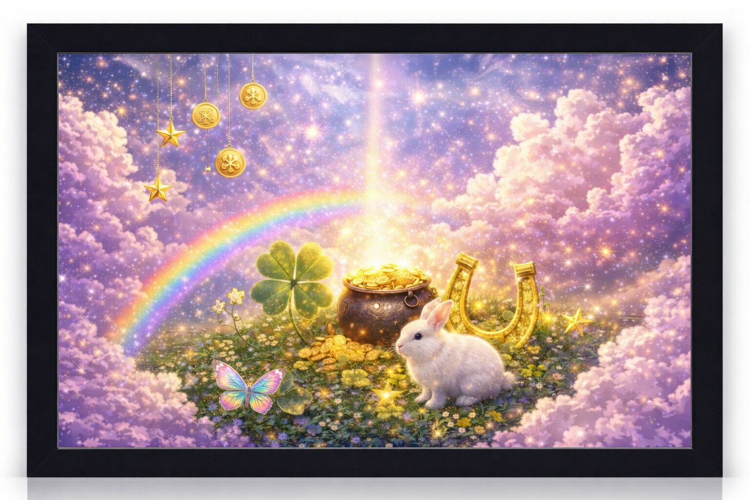【作品について】 虹と星空に包まれた幻想的な空間に、 白いうさぎ・クローバー・金貨・馬蹄・虹といった 幸運と豊かさの象徴を散りばめた、ファンタジー調の開運アートです。 うさぎは 「飛躍・チャンス・繁栄」 クローバーや馬蹄、金貨は 「金運・幸...
