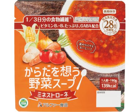 【商品説明】 ・特定原材料等（アレルギー物質）28品目不使用で、温めずにそのまま食べられるスープです。 ・『からだを想う野菜スープ』シリーズとして、普段の生活だけでなく、避難時に不足しがちな栄養素や、健康問題を軽減する成分をプラスしました。...