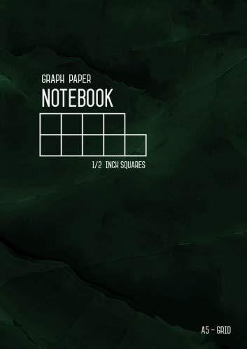 Graph Paper Notebook A5 1/2 Inch Squares: Marble Green Black, Medium Size, Quite Large Grids, Numbered Pages, Compositio...