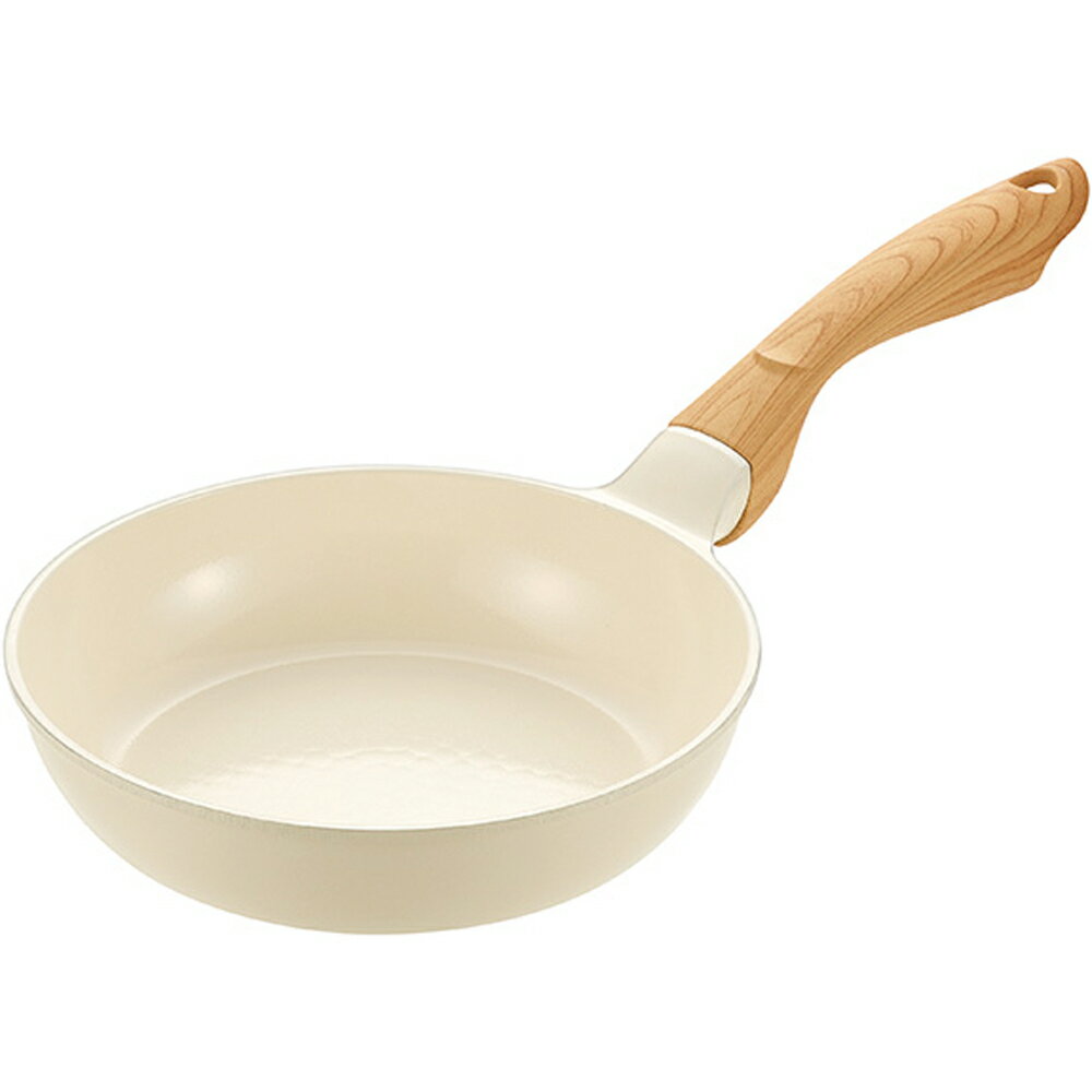 【特長】 ●耐久性抜群。角の丸い金属ヘラOK。 ●取り扱いやすい超軽量タイプ。 ●内面ビスなしで洗いやすく清潔です。 ●お料理が映えるおしゃれなアイボリーカラー。ハンドルはシックな木目調 ●熱周りが良いので中火で十分に調理可能。 ●PFAS...