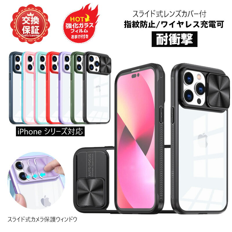 商品名：iPhone用 スライド式レンズカバー 耐衝撃透明ハードケース&nbsp;スタイル:カラーバリエーション：ネイビー、ピンク×ミント、ピンク×ブルー、レッド、パープル、グリーン、ブラック（全7色）デザイン：背面透明仕様でシンプルかつ高...