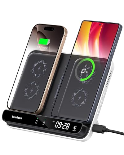 -/-/S10031・ワイヤレス充電器 2台同時SwanScout 504は、2台のスマホを同時にワイヤレス充電できるスタンド型充電器です。仕事用・プライベート用のスマホを同時に充電したり、家族とシェアして使ったりと、多様なニーズに対応。複...