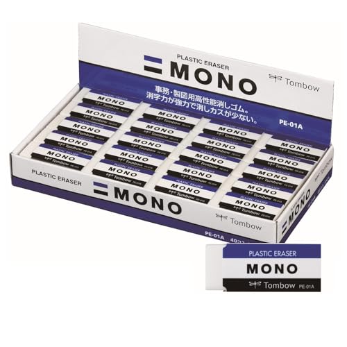 60サイズ40個MONO 40個/モノPE01 40個/PE-01A-40P・Size:モノPE01 40個・パッケージ個数:1・MONO消しゴム1969年誕生の高で信頼のブランドの消しゴム／青白黒のストライプのデザイン・特長優れた消字性能...