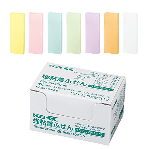 10本入り/7色ミックス7色混色/75mm×25mm/K2メ-KP7525X10・パッケージ個数:1・しっかり貼れる強粘着タイプの付箋・種類 レギュラーサイズ パステルカラー7色ミックス・カラー イエロー・ピンク・ブルー:各2本、グリーン・...
