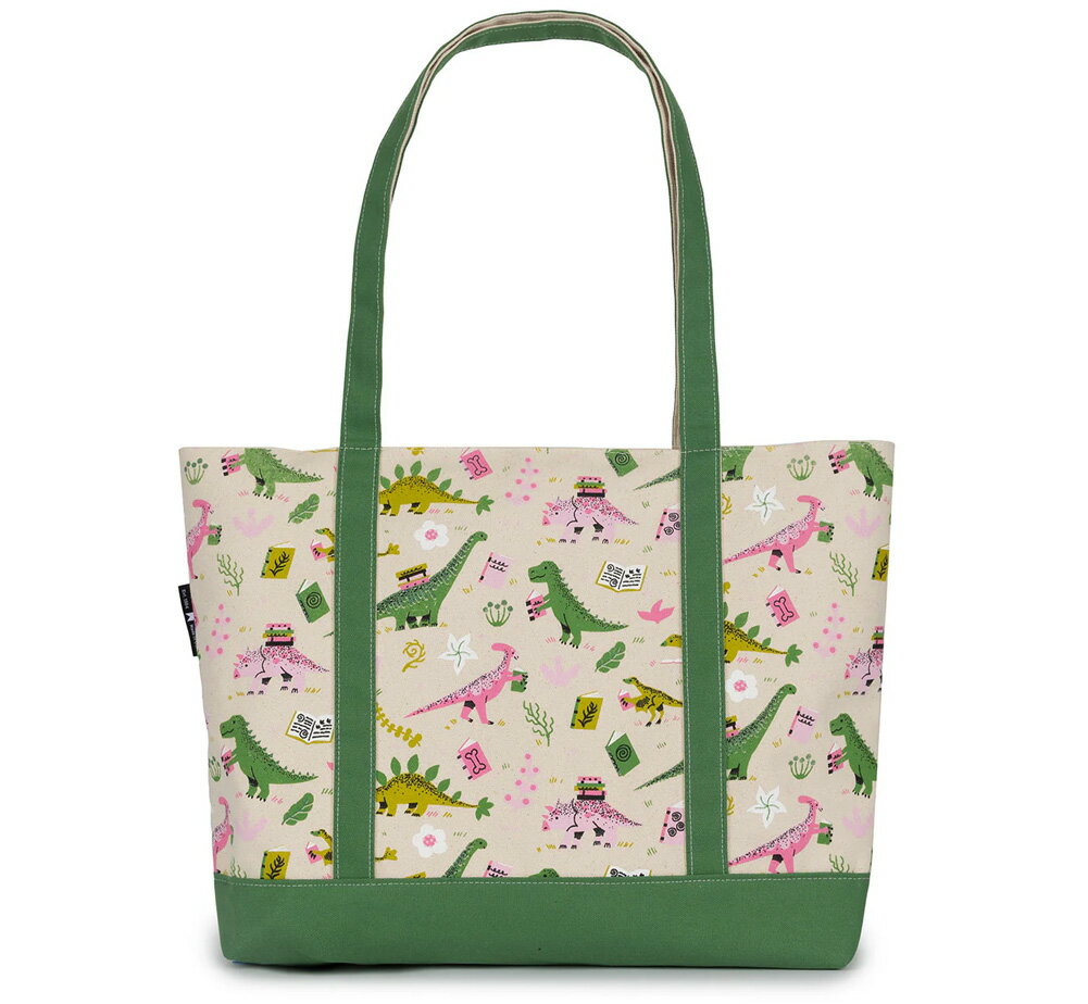 アウト・オブ・プリント DINOSAUR READS LARGE ZIPPERED TOTE カラフルでかわいい恐竜たちのイラストが目を引くラージトート。恐竜と読書が好きな人にうってつけのバッグ！ Prehistoric Reads lar...
