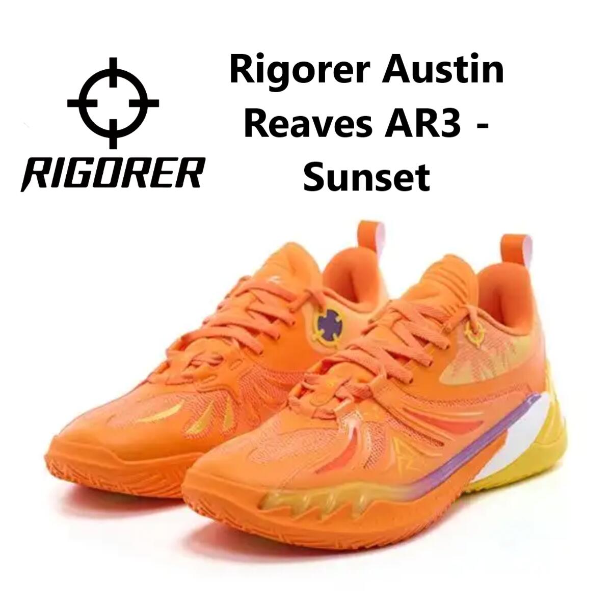 【LI-Ning】 Rigorer Austin Reaves AR3 – “Sunset”は、ロサンゼルスのサンセット大通りにかかる夕暮れの光にインスパイアされた、オレンジイエローのアッパーにパープルのアクセントが加えられており、レイカー...