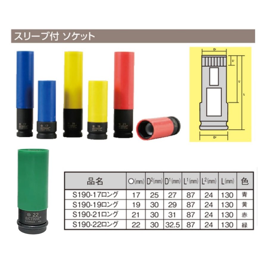 メーカー製 インパクトソケット 12.7sq ロングソケット ホイールナットソケット 安心のメーカー製 TIPTOP 小さな部品ですがですが、作業効率に直結します。 プラスチック製のスリーブ付でアルミホイールや装着部を傷つけることなく作業が...