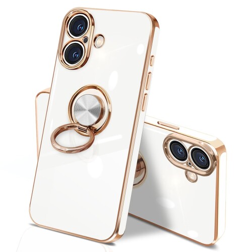 danliangqifei iPhone 16 Plus 用の ケース リング 耐衝撃 360°回転 スタンド機能 カバー アイフォン16Plusスマホケース 携帯ケース 保護カバー レンズ保護 ストラップホール付き（ホワイト） 【対応機種...