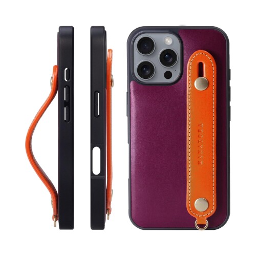 HANATORA for iPhone 16Pro ケース 本革 耐衝撃 背面ベルト ストラップリング スマホケース スマホ スタンド機能 ネックストラップ 付き イタリアンレザー ギフト マグネットなし パープル+オレンジ TGH-16P...