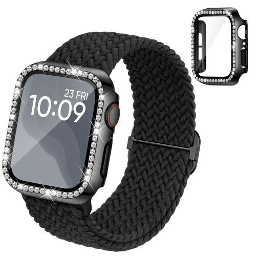 コンパチブル Apple Watchと互換性のあるバンド 編みナイロン製アップルウォッチ バンド Apple Watch キラキラ カバー付き 互換用のiWatch Bandとケース 一体型 45mm クリスタルダイヤ付き アップルウォッチ...