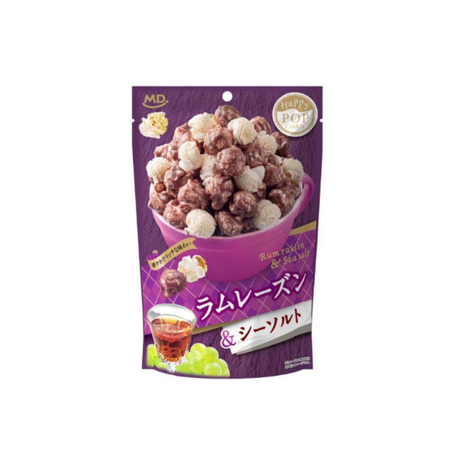 MD ハッピーポップコーン ラムレーズン＆シーソルト 50g 内容量 50g 原材料 砂糖（国内製造）、コーン、バター、水飴?、植物油脂、乳等を主要原料とする食品、食塩／香料、着色料（アカキャベツ、クチナシ）、乳化剤、重曹、（一部に乳成分・...