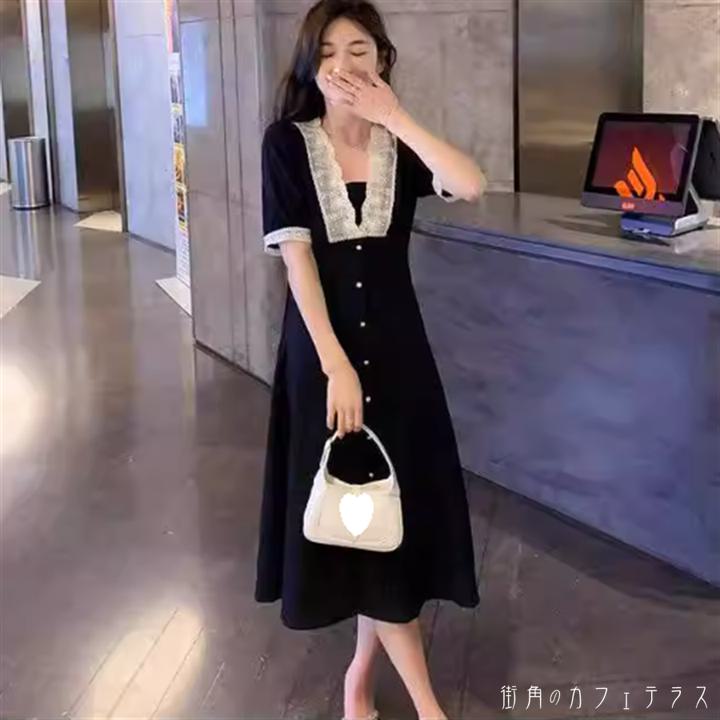 ドレス夏 ロングドレス ワンピース 衣装 パーティドレス ロング ひざ丈 ミモレ 袖あり 半袖 Vネック Aライン フレア レース 薄手生地 エレガント 可愛い 大人可愛い きれいめ シンプル カジュアル シック コンサバ 華やか 大人 上...