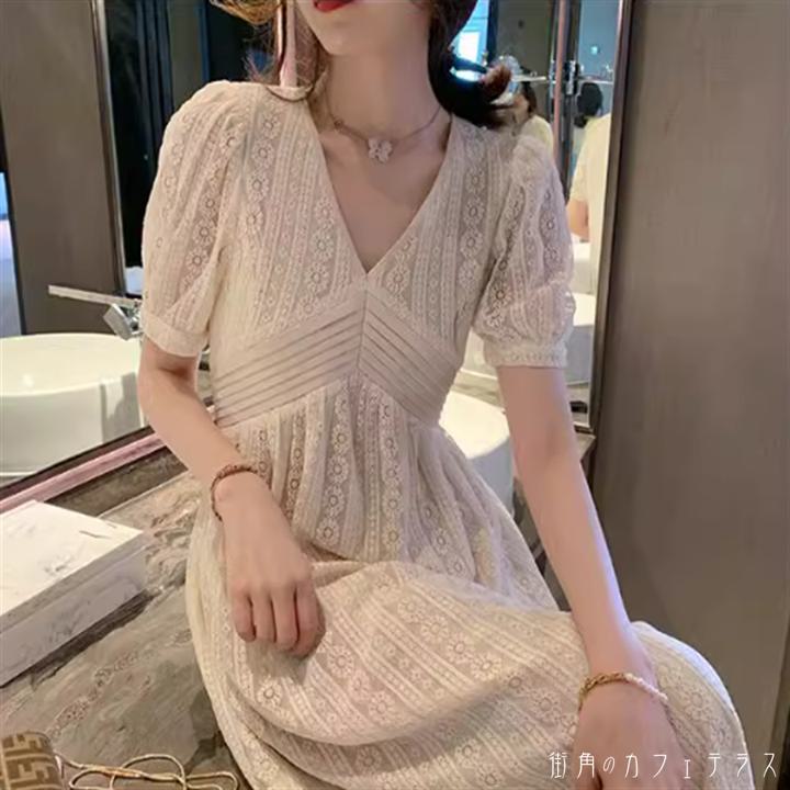 ワンピース ロングワンピ ロング 袖あり 半袖 Vネック Aライン フレア レース 薄手生地 エレガント 可愛い 大人可愛い きれいめ シンプル カジュアル シック コンサバ 華やか 大人 上品 おしゃれ お洒落 レトロ 主役級 こなれ感 ...