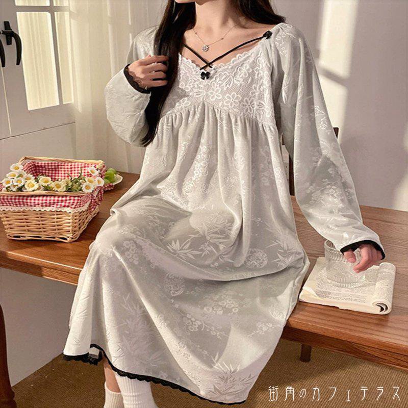 パジャマ 3色 ナイトウェア ルームウェア ワンピース 長袖 Vネック Aライン フレア プルオーバー 薄手生地 エレガント 可愛い 大人可愛い きれいめ シンプル カジュアル シック コンサバ 華やか 大人 上品 おしゃれ お洒落 主役級...