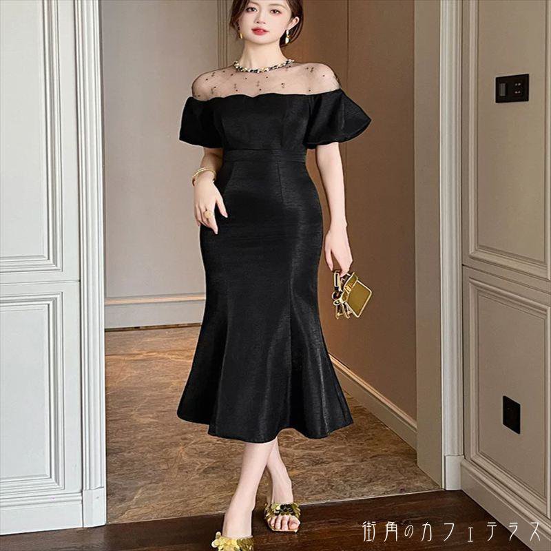 ロングドレス 2色 衣装 ペンシル ひざ丈 ミモレ Iライン プルオーバー ランタンスリーブ Uネック ネックレス風 チョーカー 異素材切り替え ドッキング 透け感 シースルー 薄手生地 シフォン生地 エレガント 可愛い 大人可愛い きれい...