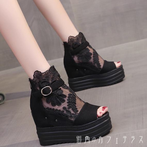 サンダル 2色 靴 シューズ ゴツゴツ 厚底 タンクソール オープントゥ レース 異素材切り替え ドッキング 透け感 シースルー 薄手生地 エレガント 可愛い 大人可愛い きれいめ シンプル カジュアル シック コンサバ 華やか 大人 上品...