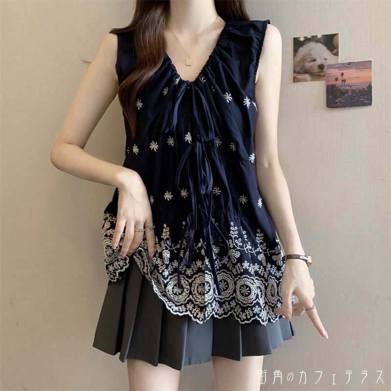 タンクトップ トップス ロング丈 ゆったり ノースリーブ Vネック Aライン フレア プルオーバー 連リボン 薄手生地 花柄 かわいい 大人可愛い 大人女子 カジュアル ラフ レトロ お出かけ 夏 30代 40代 女性用 レディース ママ ...