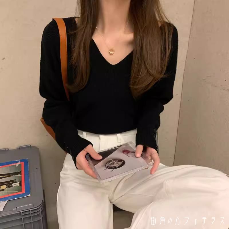 【送料無料】 セーター 4色 リブニット 30代 40代 女性用 レディース トップス ロング丈 長袖 萌え袖 Vネック Aライン フレア プルオーバー ニット 厚手生地 伸縮性 無地 かわいい 大人可愛い 大人女子 こなれ感 シンプル カ...