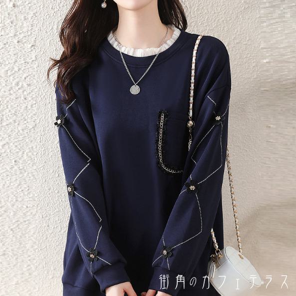 セーター 30代 40代 女性用 レディース ママ ゆったり 長袖 Uネック Aライン フレア プルオーバー 花モチーフ 装飾 厚手生地 かわいい 大人可愛い 大人女子 こなれ感 シンプル カジュアル 大人 上品 おしゃれ お洒落 ラフ コ...