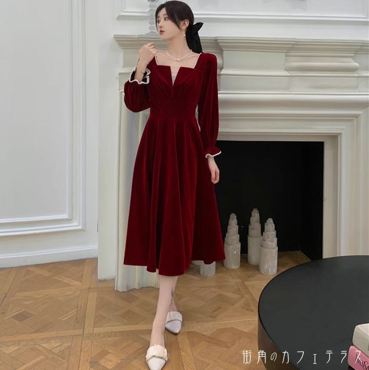 レディース ドレス パーティードレス ワンピース ミドル丈 ミディアム丈 Aライン リボン スクエアネック ふんわり袖 大人かわいい 長袖 ワインレッド 結婚式 2次会 お呼ばれ パーティー お食事会 ディナー ランチ お出かけ 秋冬LIN...