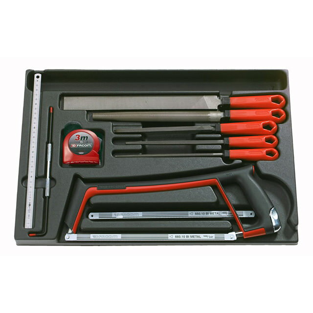 商品説明 金属加工用 切断・下準備モジュール 金属加工における切断および下処理作業に対応する、ノコギリ・メジャー・ヤスリのセット。 セット内容 ・601：ハックソーフレーム ・668A.10：替刃（10山／cm） ・234.S：スクライバー...