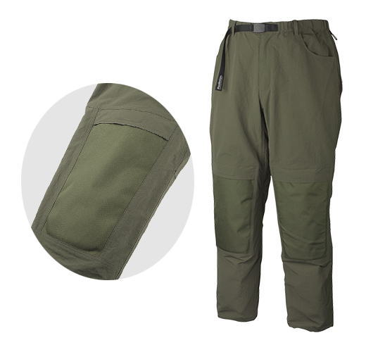 本体：表：綿60％、ポリエステル40％ 裏：ポリエステル100% 防風フィルム部：ポリウレタン サイズ：S、M、L、XL、3L カラー：カーキ ワイドシルエットで普段使いもOKな膝保護パット入りのフィッシングパンツ！ 膝部分に取り外し可能な...