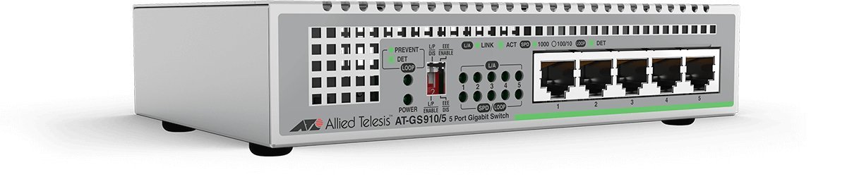 ・4511427132817AT-GS910/5(RoHS対応)は、10/100/1000BASE-Tポートを5ポート装備した、内部電源型のギガビットイーサーネット・スイッチです。