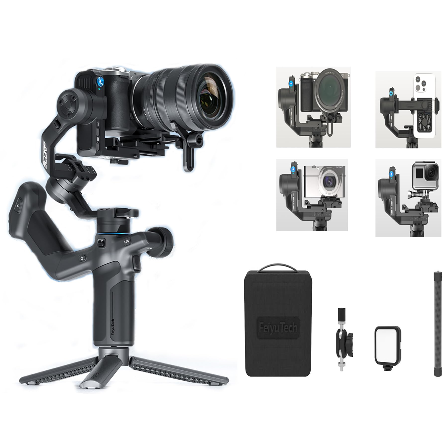 ・FeiyuTech SCORP Mini 3 Pro コンボキットには、ハイアングル/自撮り用の 10.8 インチ延長ロッド、旅行用の丈夫なキャリーケース、夜間撮影用の調節可能なフィルライト、マイク/ライトを取り付けるための関節式アームな...