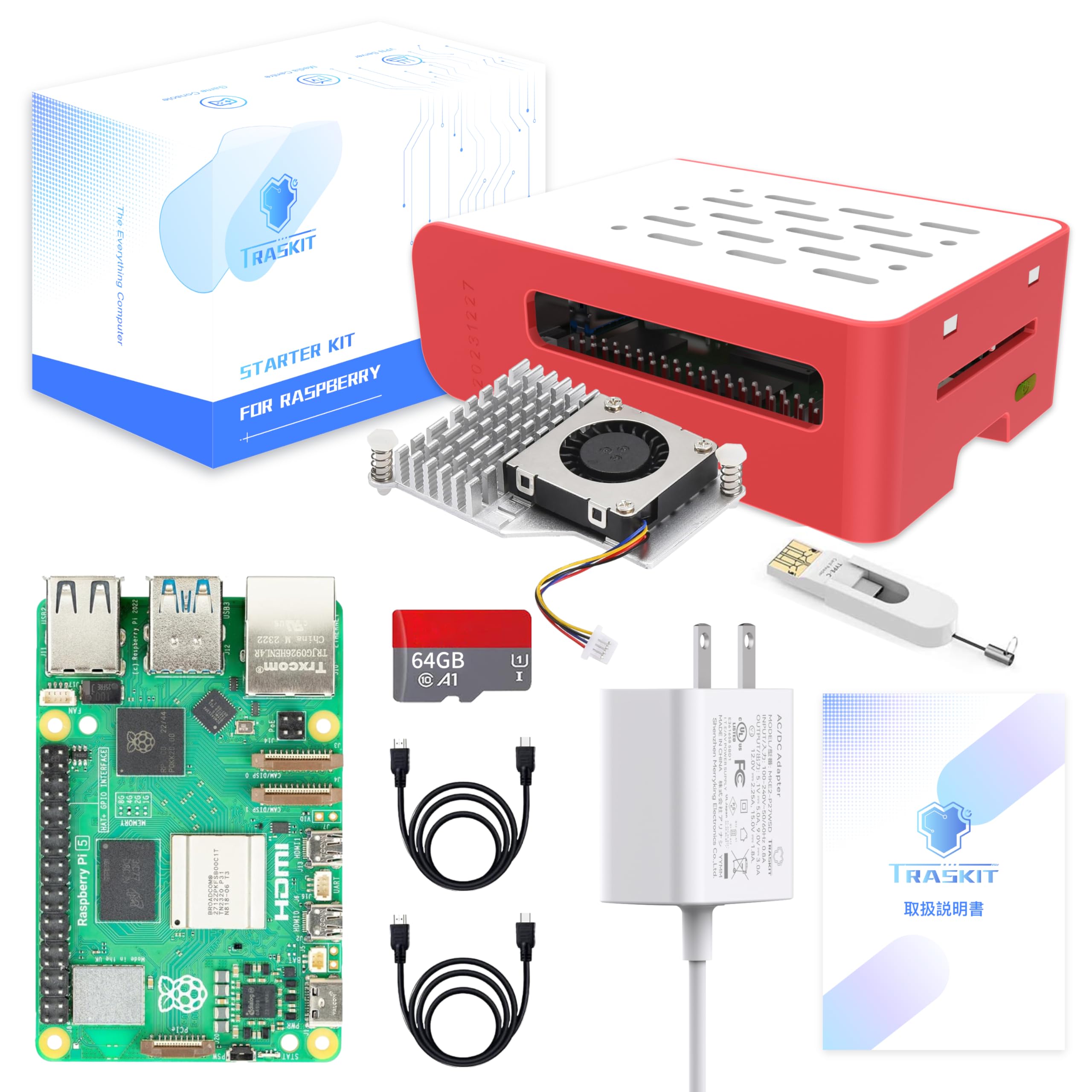 ・包装リスト:Pi 5 4GB(技適マーク付)、赤・白ケース、アクティブ冷却器、27W USB-C PD 電源（PSE認証）、カードリーダー、64GB SDカード（ラズベリーパイOS）、4K ケーブル*2、ドライバー*1、日本語説明書、GP...
