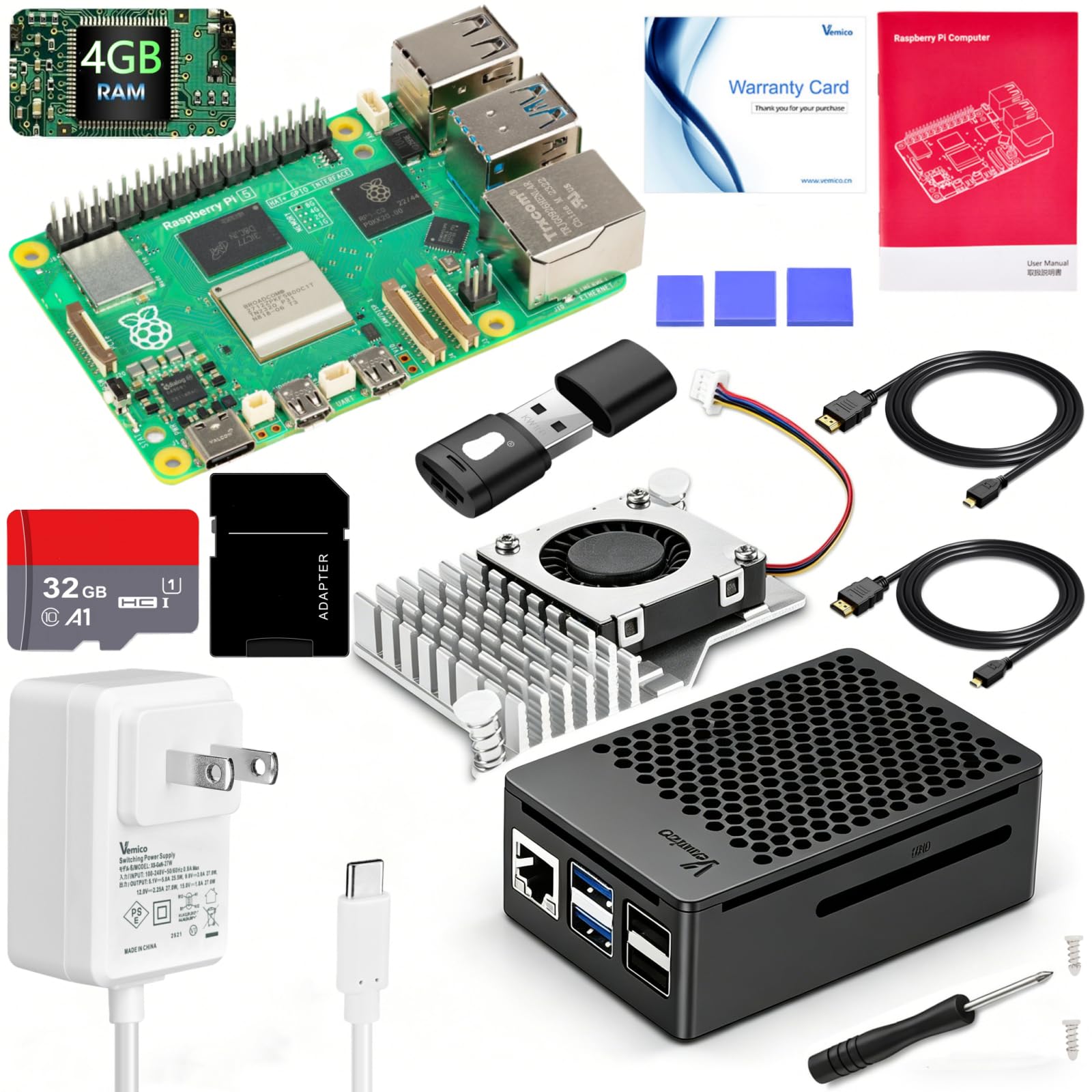 ・・【Rasp Pi5セット内容】プロも納得の処理性能、Raspberry Pi5、4GBで登場！セット内容:Raspberry Pi 5 4GBボード(技適マーク付)*1/アクティブクーラー*1/27W PD電源アダプター（PSE済み）*...