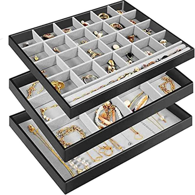 ProCase ジュエリートレイ 3個入 ジュエリー収納 化粧台・ドレッサー引き出し用 積み重ね可能 アクセサリケース ディスプレイ 仕切り付き3個セット:このセットには、ほぼすべての種類のジュエリーを収納できるトレイが3つ含まれています:...
