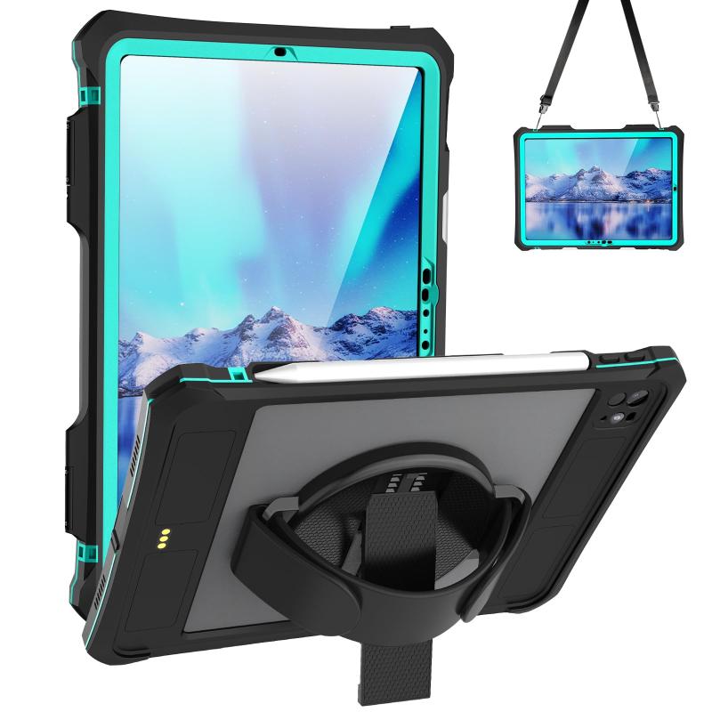 iPad Pro11インチ防水 ケース 2024モデル (M4 第5世代) iPad pro11防水カバー2024 IP68防水規格 軽量 薄型 耐衝撃 水場 全面保護 360度回転スタンド ハンドストラップ ショルダーベルト ペン収納付き...