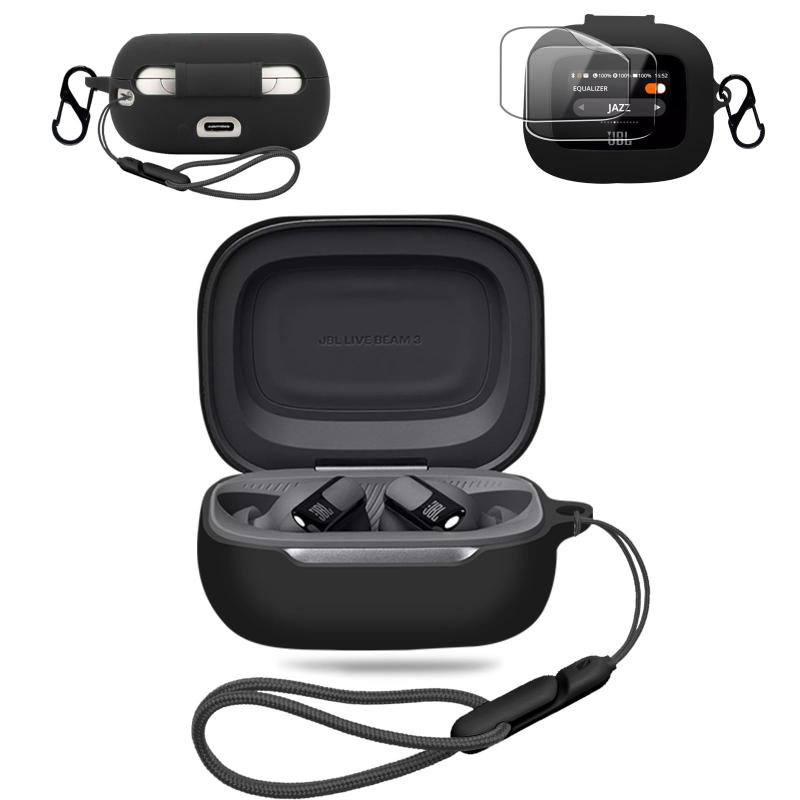 For JBL LIVE BEAM 3 用 ケース カバー +2枚フィルム【NOUKAJU】 ワイヤレス イヤーホン シリコン 保護ケース （カラビナ付き+ストラップ付き ） 落下防止 キズ防止 耐衝撃 装着充電可能 防水 防塵 (【対応機...