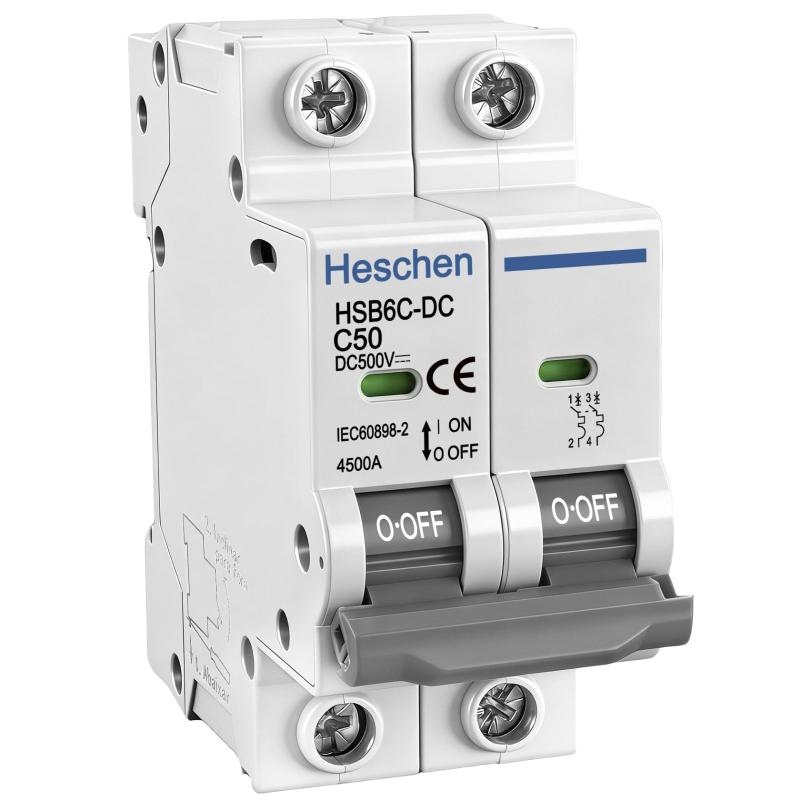 Heschen DC ミニチュアサーキットブレーカー, HSB6C-DC, 2 極, DC500V 50A, ソーラーパネルコントローラーに使ってます, 太陽光発電システムソーラーパネルグリッドシステム用, 35mm DIN レール取り付定...