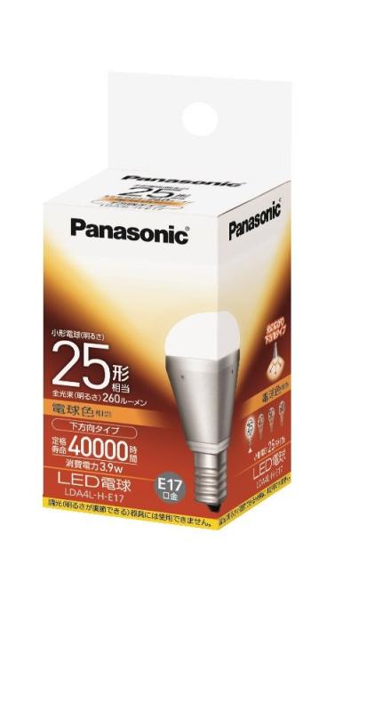 パナソニック LED電球 口金直径17mm 電球25W形相当 電球色相当(3.9W) 小型電球・下方向タイプ 密閉形器具対応 LDA4LHE17本体サイズ:外径3.5×長さ6.7cm本体重量:40g生産国:インドネシア消費電力:3.9W調光...