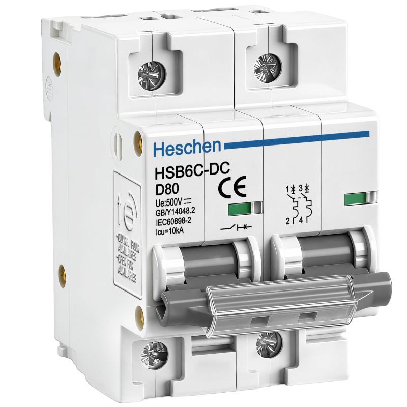 Heschen DC ミニチュアサーキットブレーカー, HSB6C-DC, 2 極, DC500V 80A, ソーラーパネルコントローラーに使ってます, 太陽光発電システムソーラーパネルグリッドシステム用, 35mm DIN レール取り付定...