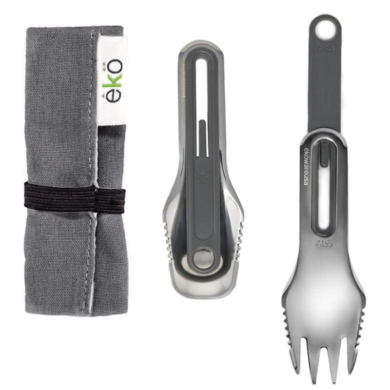 ekoカトラリーセット（フォーク&amp;スプーン） 鏡面仕上げのプレミアム ポータブルカトラリー 拡張グリップで長さも確保 キャンプ マイカトラリー アウトドア手のひらに収まる10.4 x 3.2 x0.7[cm]のコンパクトサイズ。 ス...